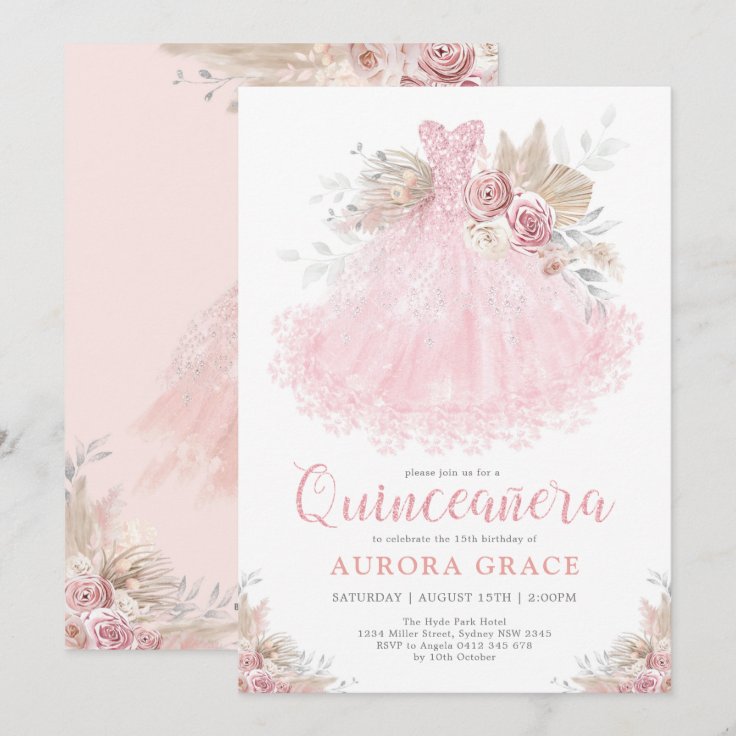 Boho Pink Silver Quinceañera Party Ball Gown Invitation | Zazzle