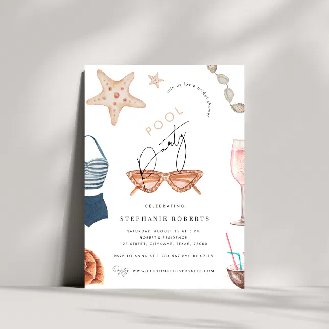 Boho Pool Party Chic Script Summer Bridal Shower Invitation | Zazzle