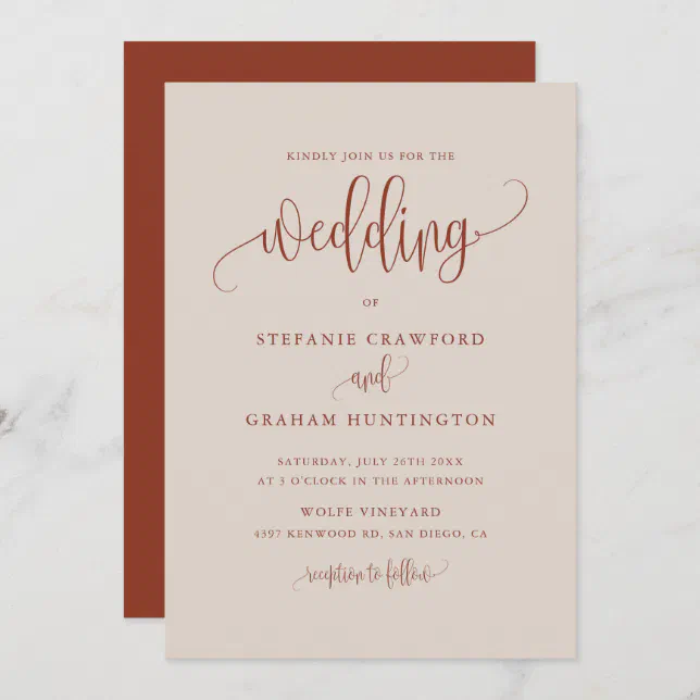 Boho Pretty Calligraphy Script Terracotta Wedding Invitation | Zazzle