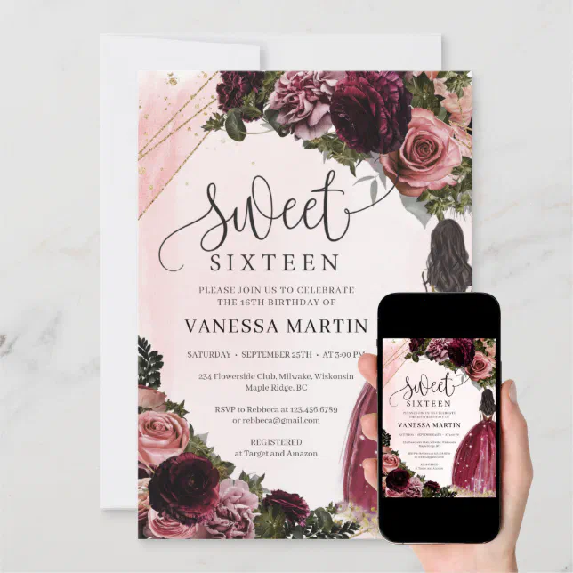Boho Princess with burgundy dress blush gold frame Invitation | Zazzle