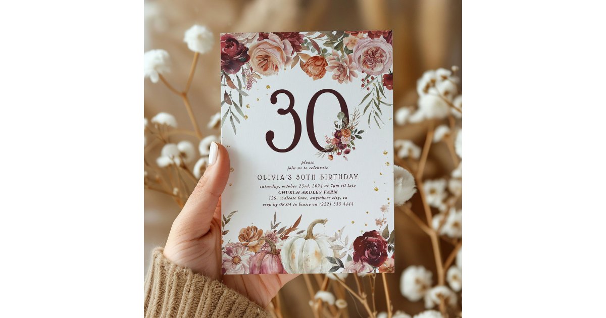 Boho Pumpkin Autumn Bloom 30th Birthday Invitation | Zazzle