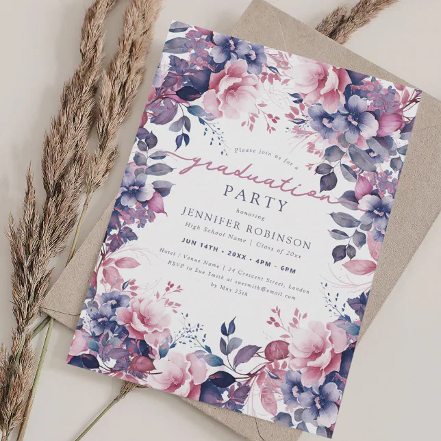 Boho Purple Botanical Garden Floral Graduation Invitation | Zazzle