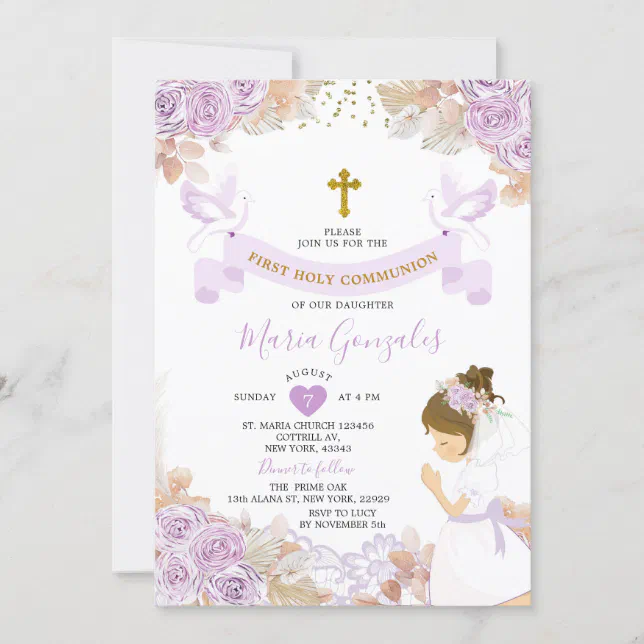 Boho Purple Floral Girl First Holy Communion Invitation | Zazzle