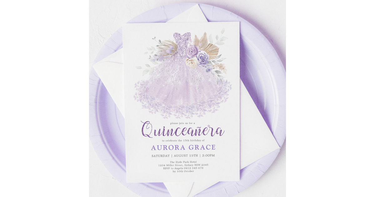 Boho Purple Lilac Quinceañera Princess Dress Invitation | Zazzle
