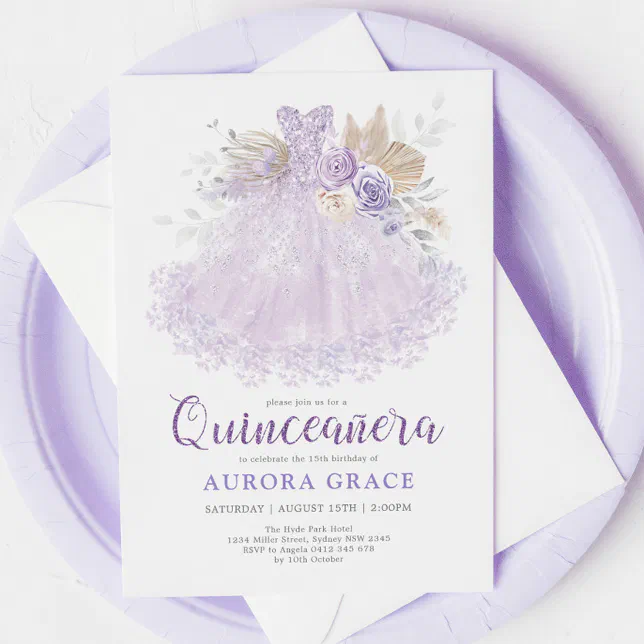 Boho Purple Lilac Quinceañera Princess Dress Invitation | Zazzle