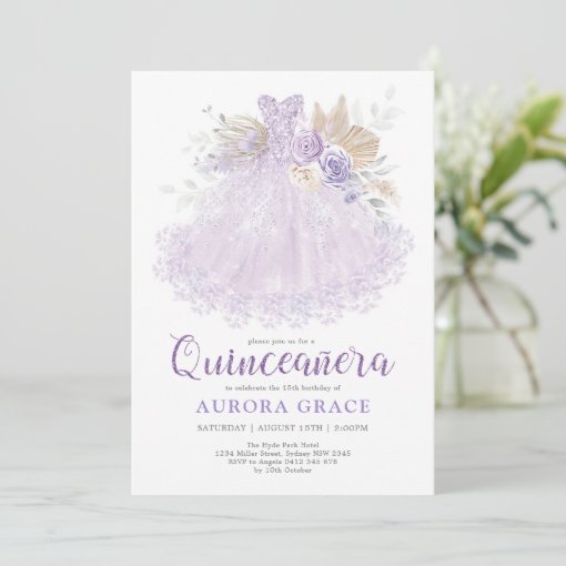 Boho Purple Lilac Quinceañera Princess Dress Invitation | Zazzle