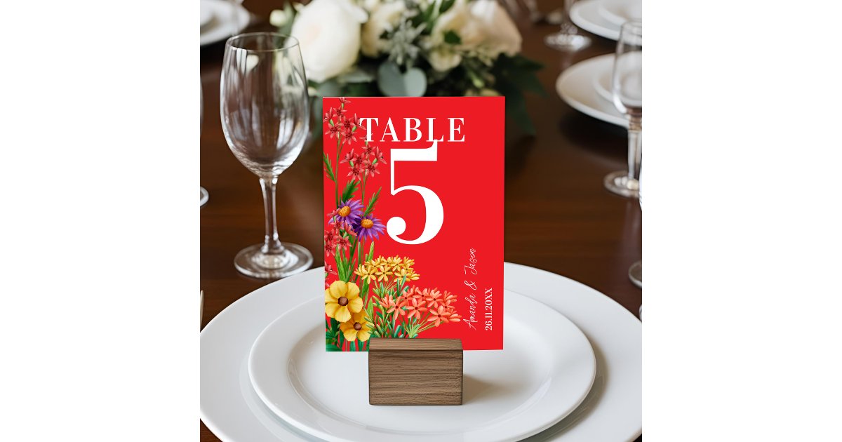 Boho Purple Orange Wildflower Wedding Table Number | Zazzle