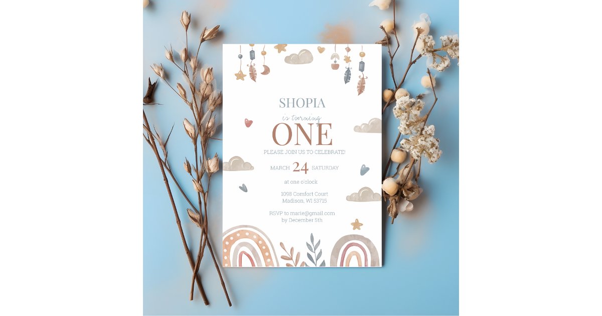 Boho Rainbow 1st Birthday Invitation | Zazzle