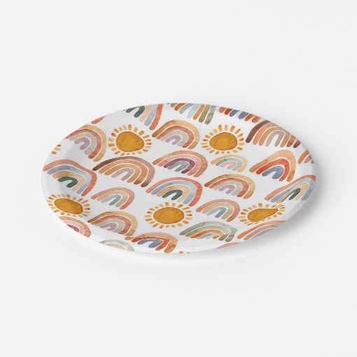 Boho Rainbow and Sun Watercolor Paper Plates | Zazzle