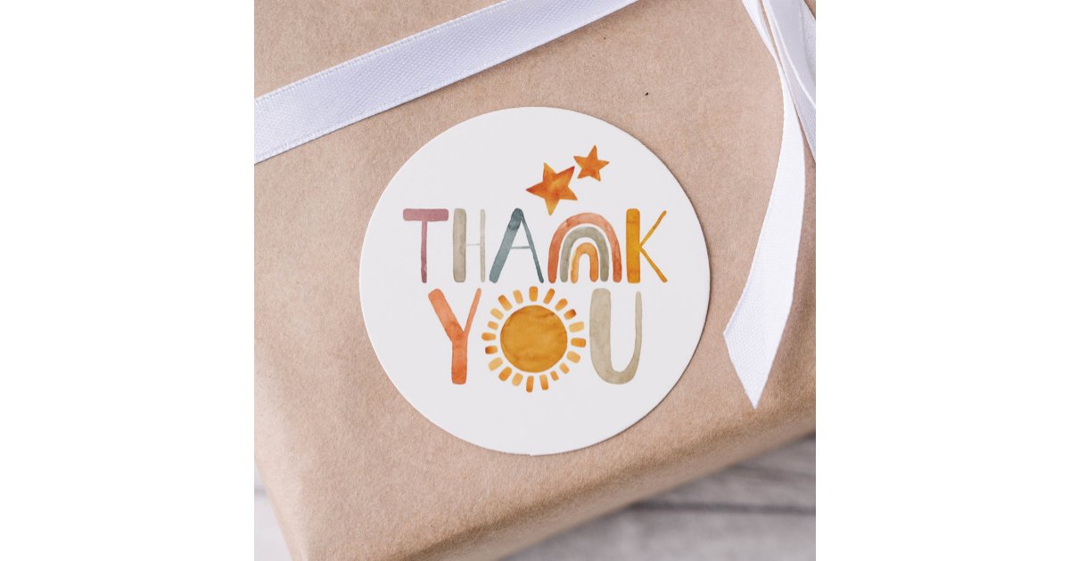 Boho Rainbow and Sunshine Colorful Thank You Classic Round Sticker | Zazzle