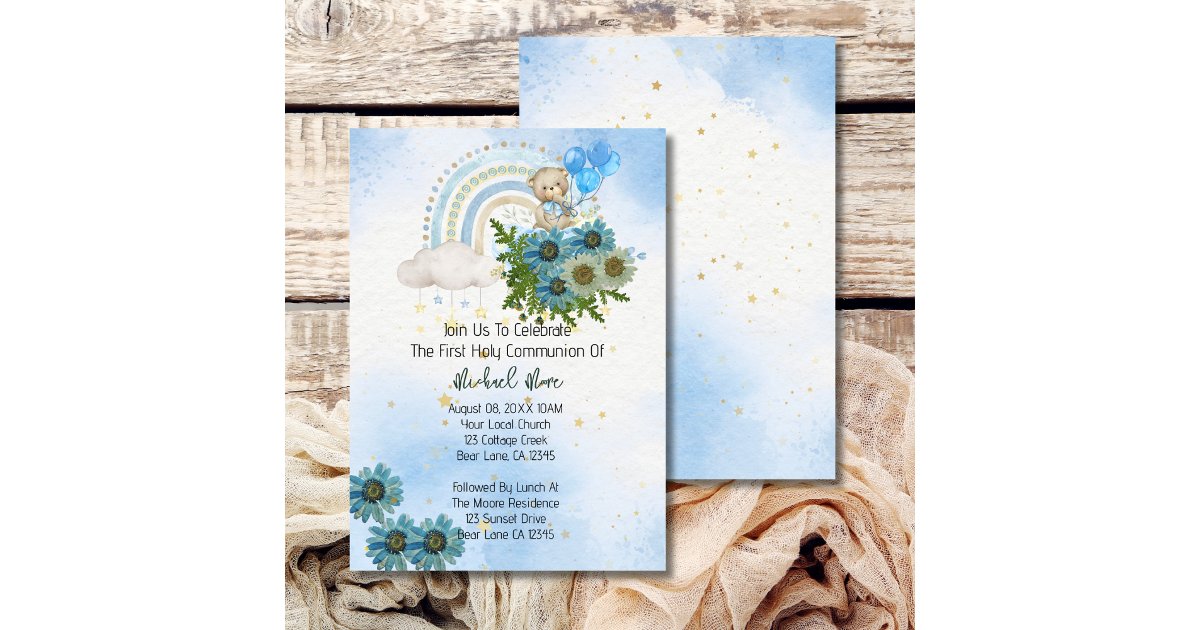 Boho Rainbow Bear First Holy Communion Invitation | Zazzle