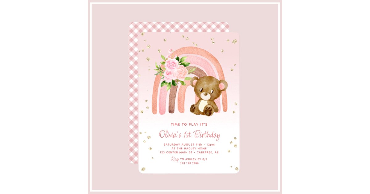 Boho Rainbow Bear Girl's 1st Birthday Invitation | Zazzle
