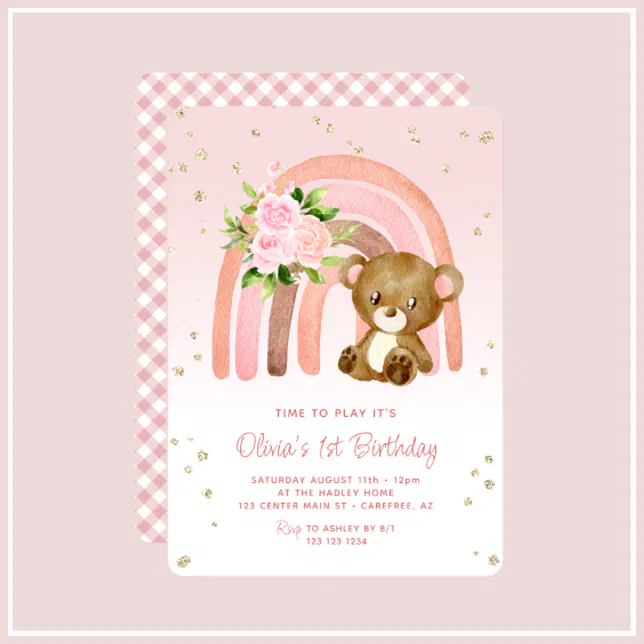 Boho Rainbow Bear Girl's 1st Birthday Invitation | Zazzle