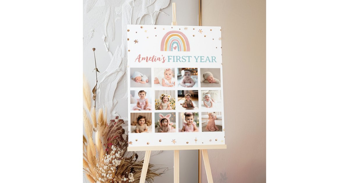 Boho Rainbow Birthday Photo Milestone Poster | Zazzle