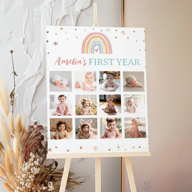 Boho Rainbow Birthday Photo Milestone Poster | Zazzle