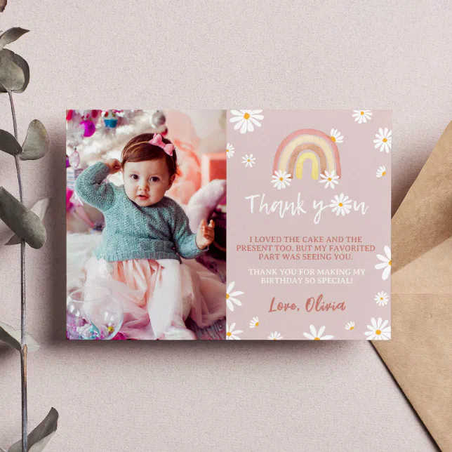 Boho Rainbow Daisy Birthday Photo Thank You Card | Zazzle
