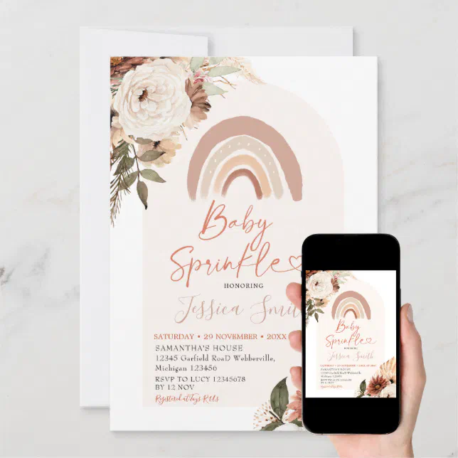 Boho Rainbow Floral Baby Sprinkle Baby Shower Invitation | Zazzle