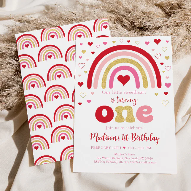 Boho Rainbow Hearts Valentine Birthday Invitation | Zazzle