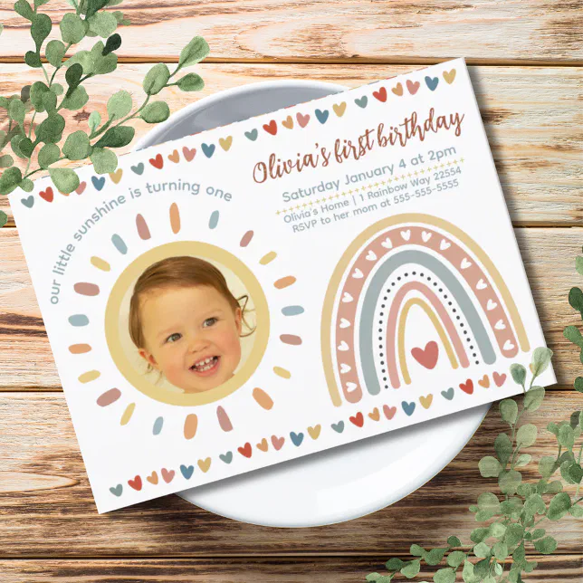 Boho Rainbow | Little Sunshine Birthday Photo Invitation | Zazzle