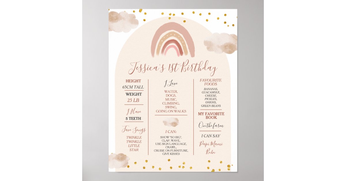 Boho Rainbow Onederful 1st Year Birthday Milestone Poster | Zazzle