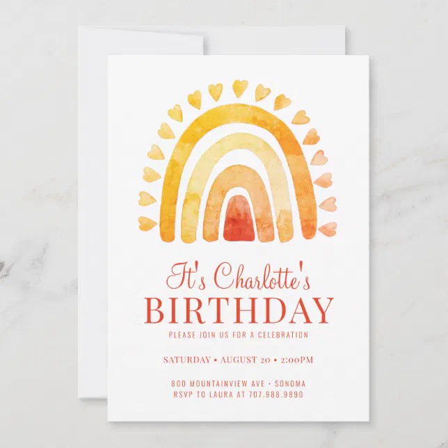 Boho Rainbow Orange Gold Kid's Birthday Party Invitation | Zazzle