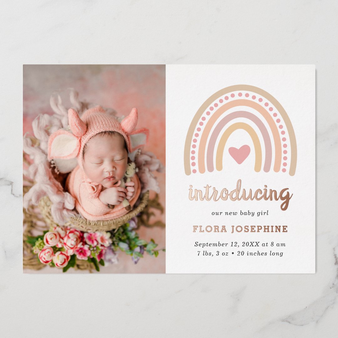 Boho Rainbow Rose Gold Photo Birth Announcement | Zazzle