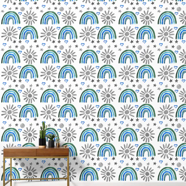 Boho Rainbow Sun Blue Baby Boy Kids Wallpaper | Zazzle