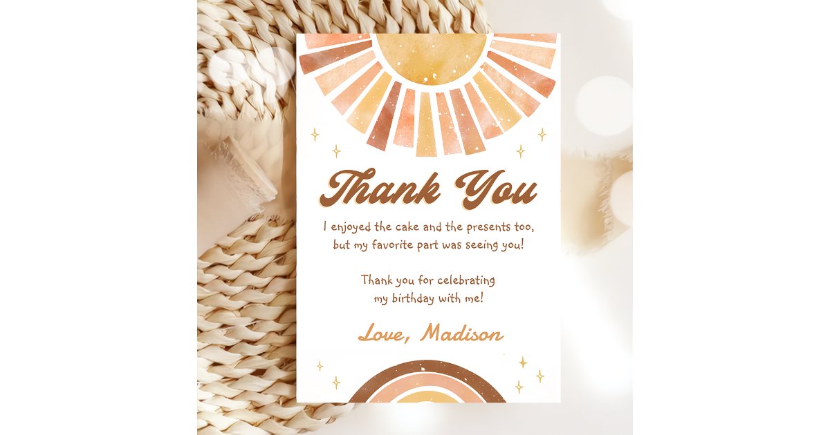Boho Rainbow Sunshine Birthday Thank You Card | Zazzle