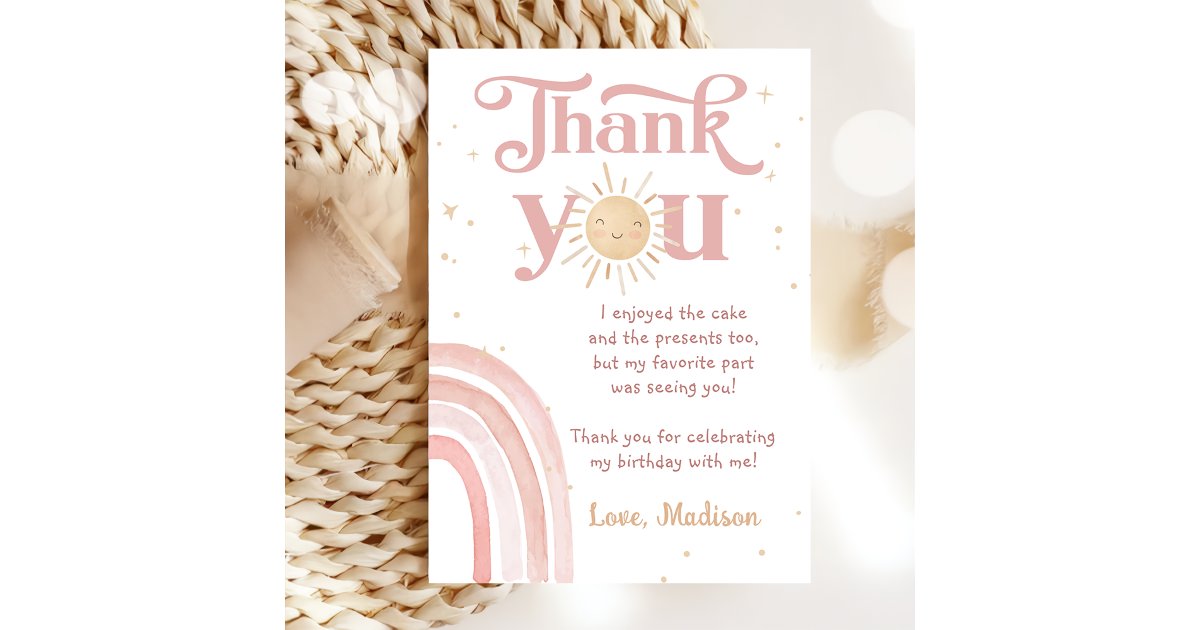 Boho Rainbow Sunshine Birthday Thank You Card | Zazzle
