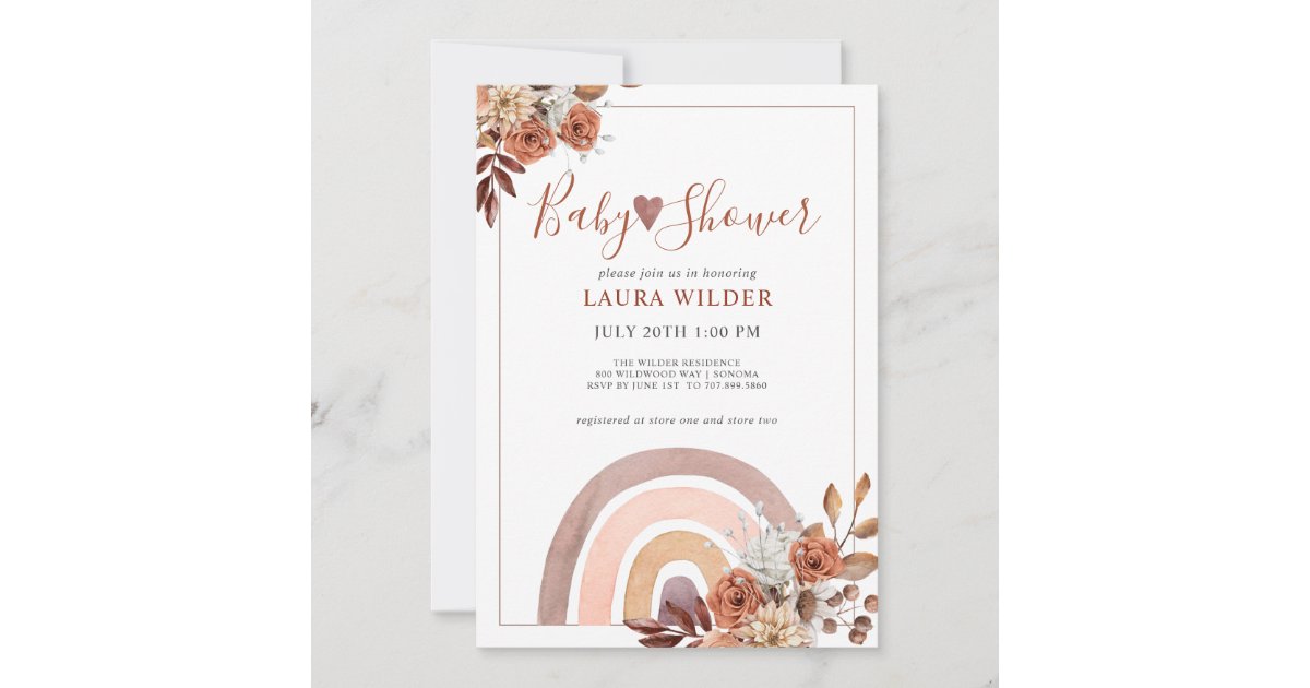 Boho Rainbow Terracotta Burnt Orange Baby Shower Invitation | Zazzle