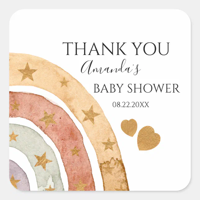 Boho Rainbow Thank You Baby Shower Square Sticker | Zazzle