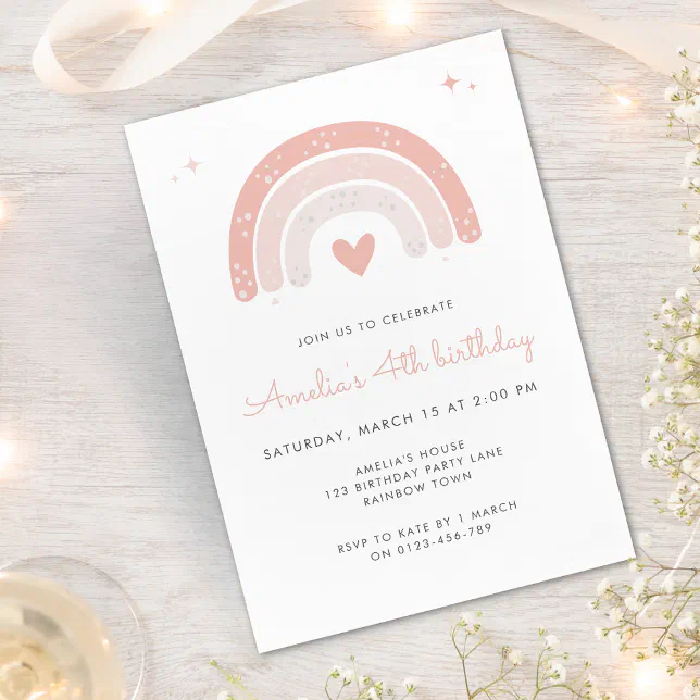 Boho Rainbow Watercolor Girl Pink Birthday Invitation | Zazzle