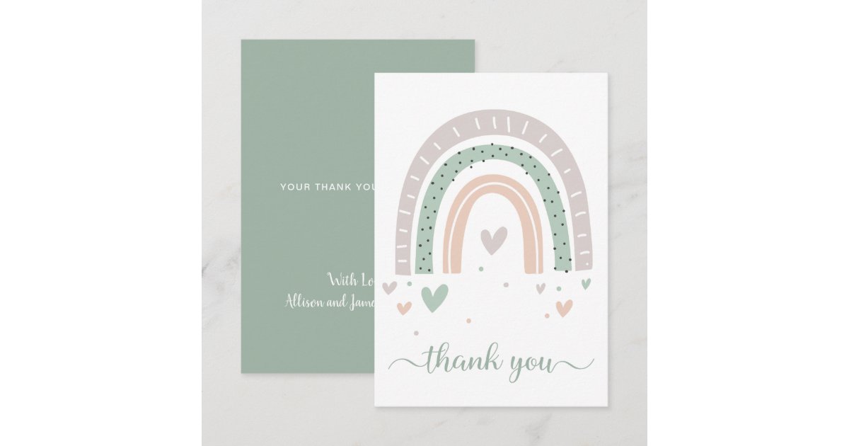 Boho Rainbow Watercolor Sage Green Thank You Card | Zazzle