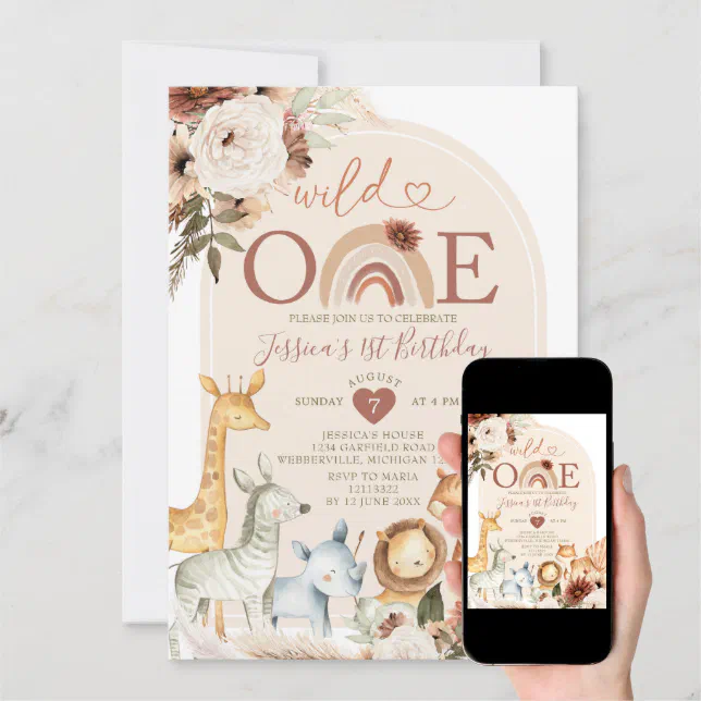 Boho Rainbow Wild ONE Birthday Safari Animals Invitation | Zazzle