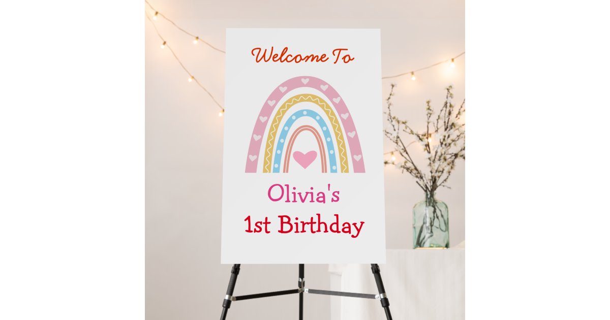 Boho Rainbow with hearts birthday welcome sign | Zazzle