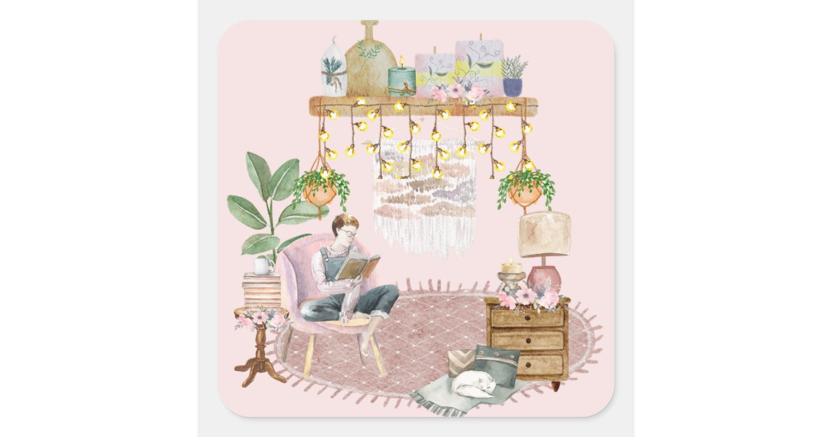 Boho Reading Room Square Sticker | Zazzle
