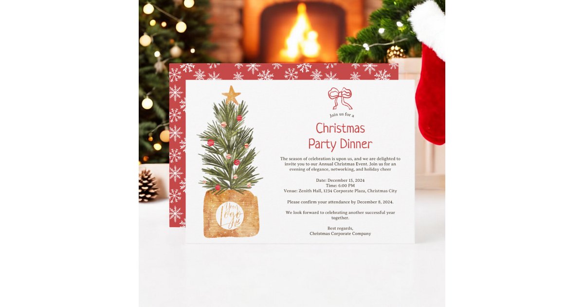 Boho Red and White Corporate Christmas Tree Party Invitation | Zazzle