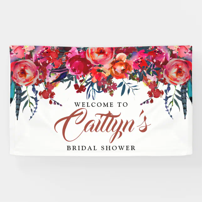 Boho Red Floral Feather Bridal Shower Welcome Banner | Zazzle