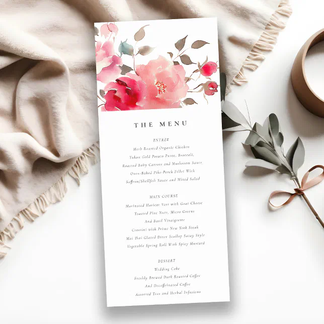 Boho Red Pink Rose Flowers Wedding Menu Card | Zazzle