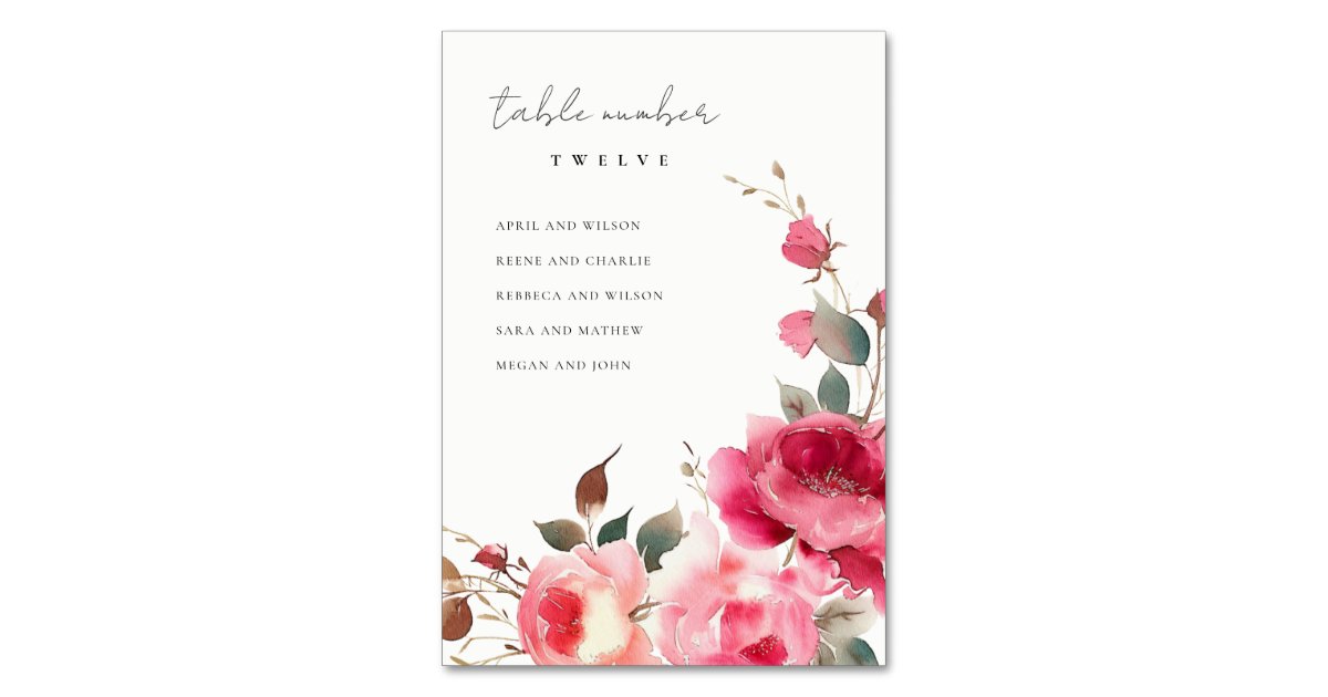 Boho Red Pink Rose Flowers Wedding Seating Chart Table Number | Zazzle