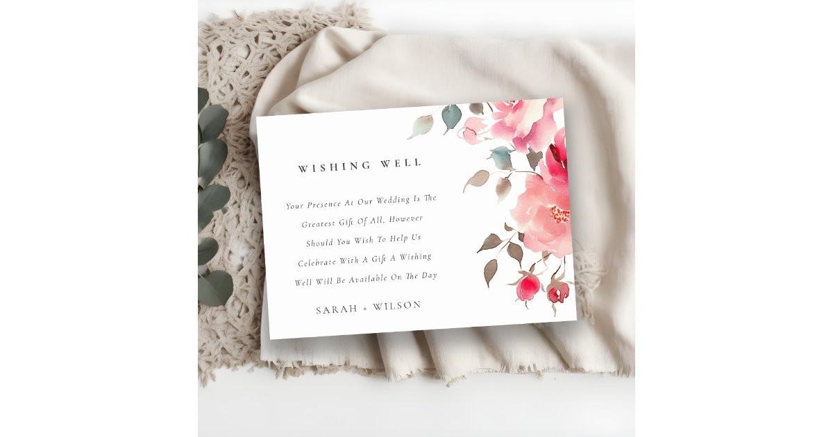Boho Red Pink Rose Flowers Wedding Wishing Well Enclosure Card | Zazzle