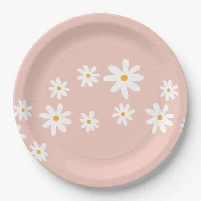 Boho Retro Blush Pink Daisy Floral Paper Plates | Zazzle