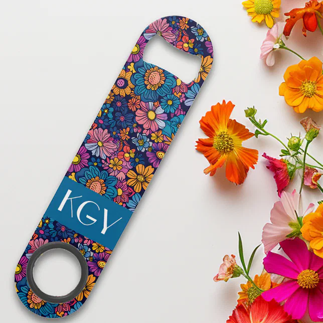 Boho Retro Floral Flower 70s Monogram Bar Key | Zazzle