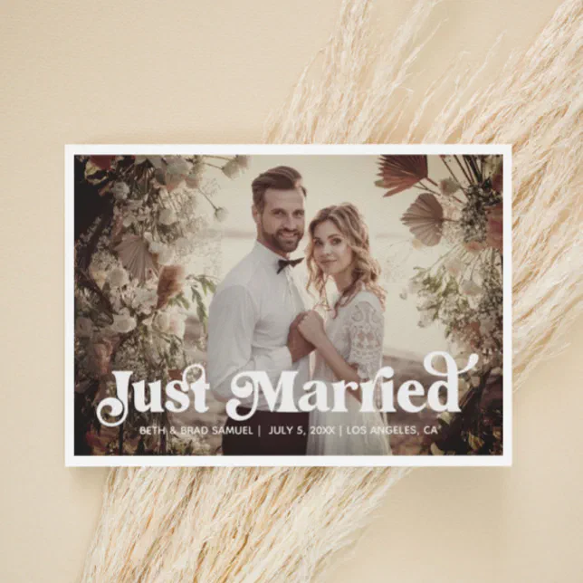 Boho Retro Just Married Photo Announcement Card | Zazzle