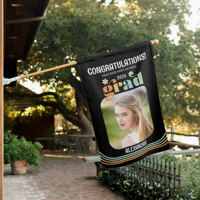 Boho Retro Photo Congratulations Graduate House Flag | Zazzle