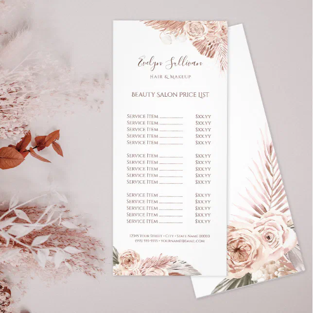 Boho roses price list rack card | Zazzle