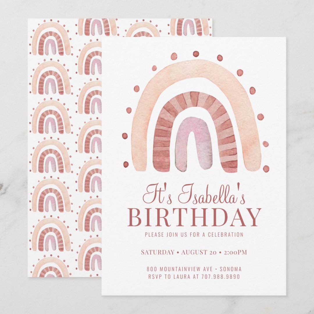Boho Rosy Pink Brown Rainbow Kid's Birthday Party Invitation | Zazzle