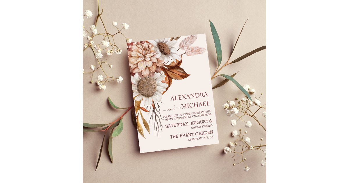 Boho Rust Terracotta Dried Fan Flowers Wedding Inv Invitation | Zazzle