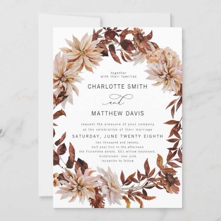 Boho Rustic Autumn Fall Floral Wreath Wedding Invitation | Zazzle