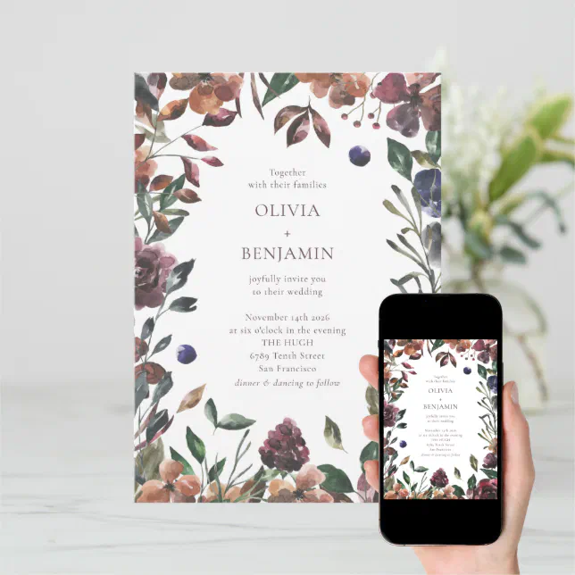 Boho Rustic Botanical Burgundy Border Wedding Invitation | Zazzle